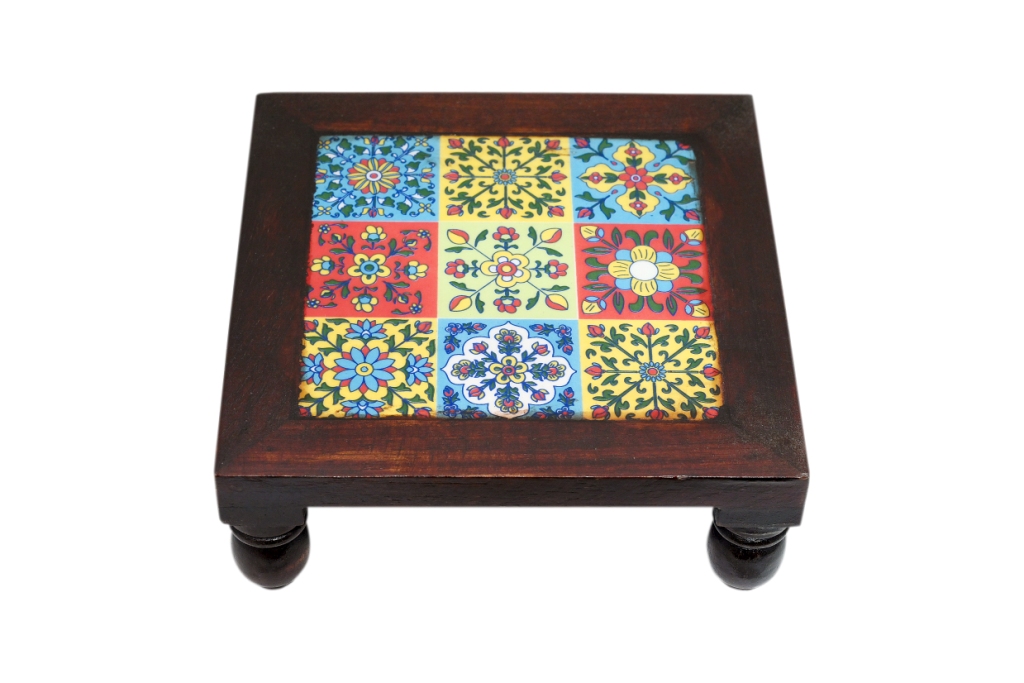 Mango Wood Wooden Ceramic Tile Fitted 8 Inch Brown Chowki Bajot Pooja ...